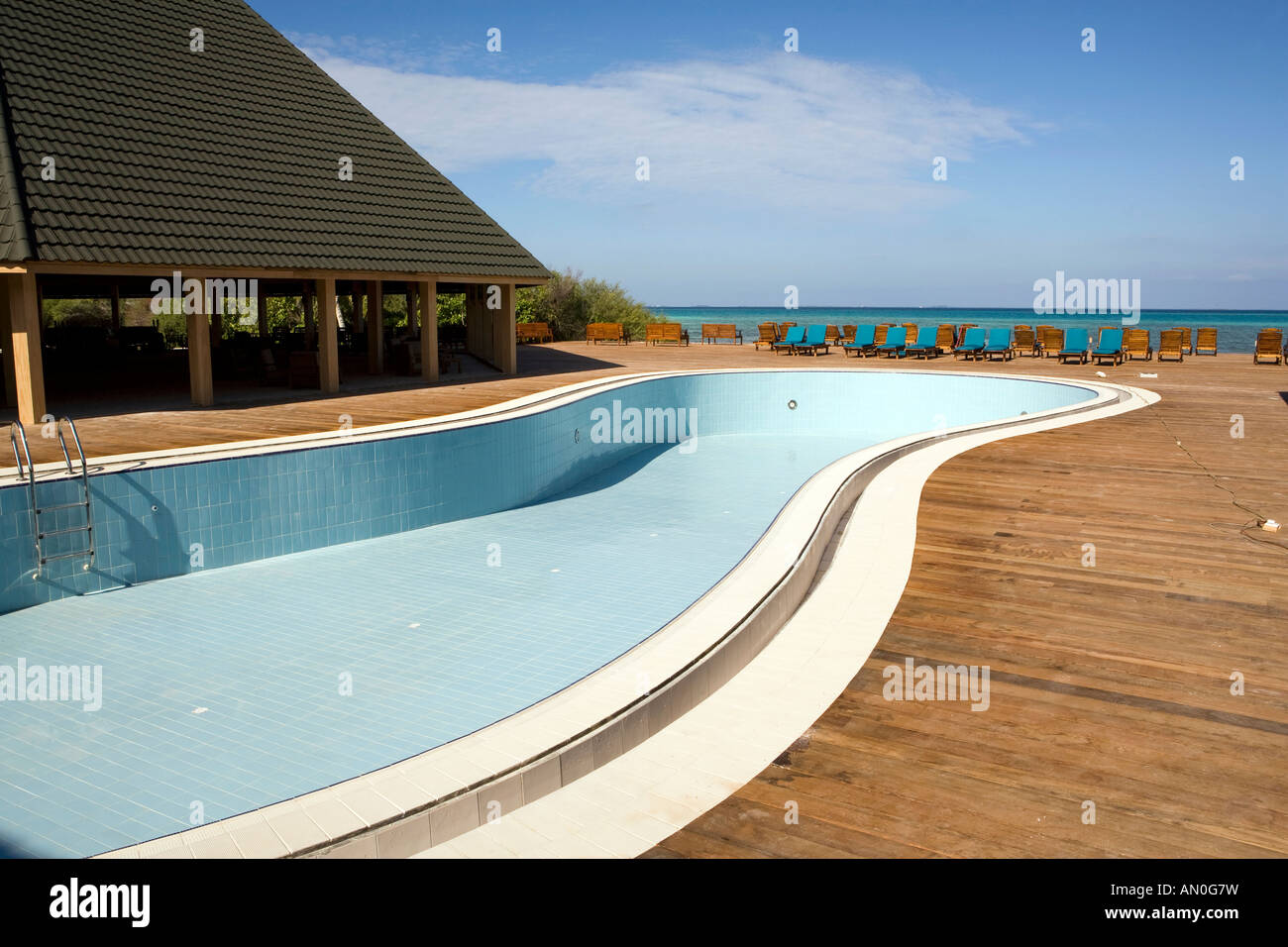 Maldives Addu Atoll Herathera Resort unfinished empty swimming pool ...