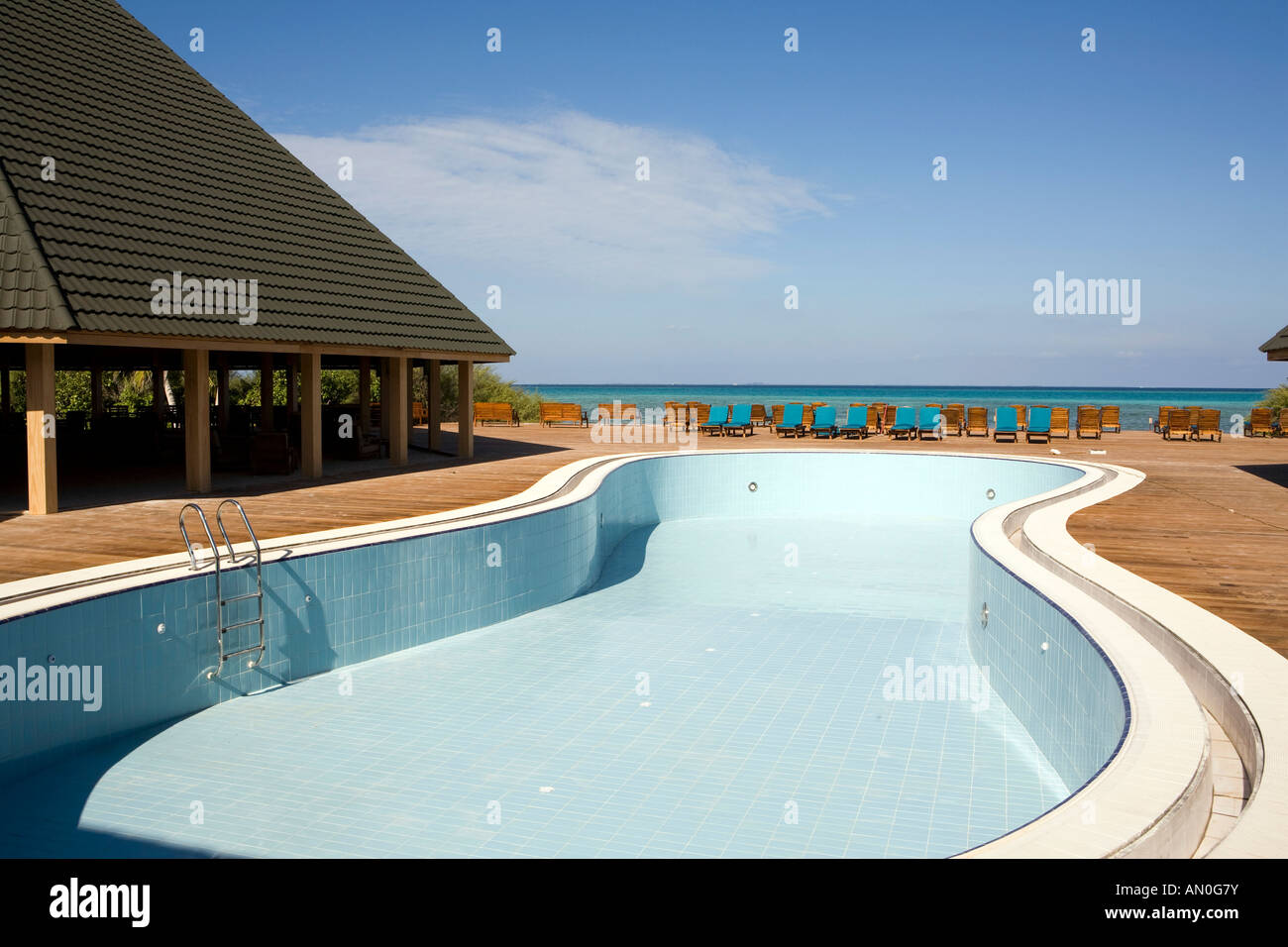 Maldives Addu Atoll Herathera Resort unfinished empty swimming pool ...