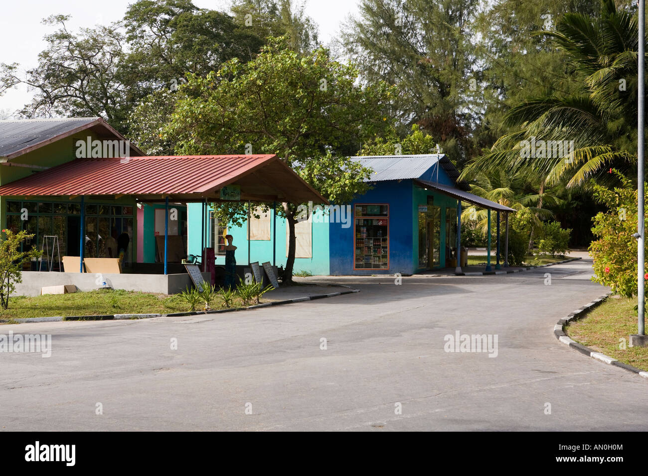 Maldives Addu Atoll Gan shops alongside empty road on former RAF Base ...