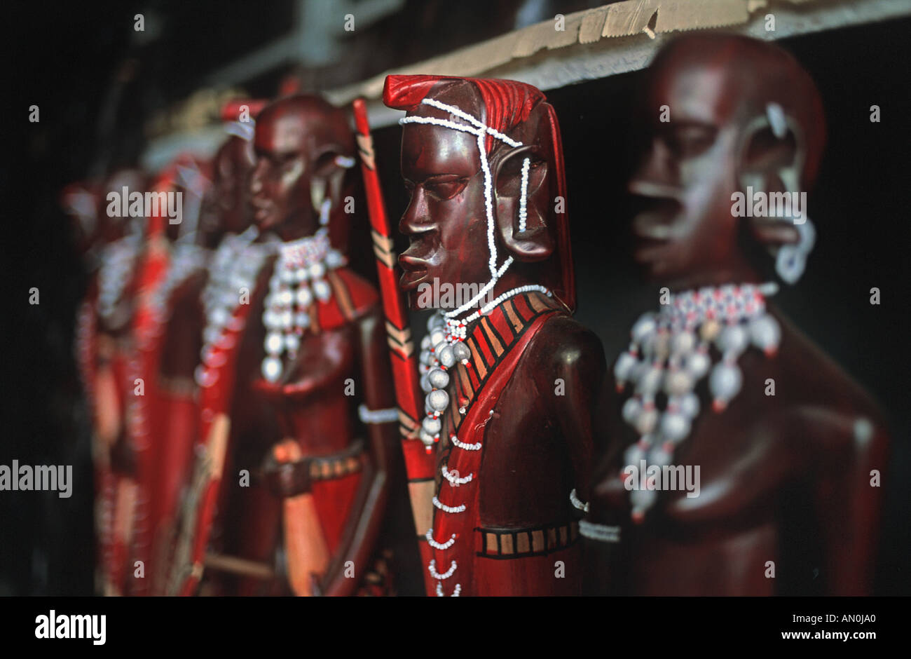 Selection of hand made sculptures of Masai warriors sold as souvenirs ...
