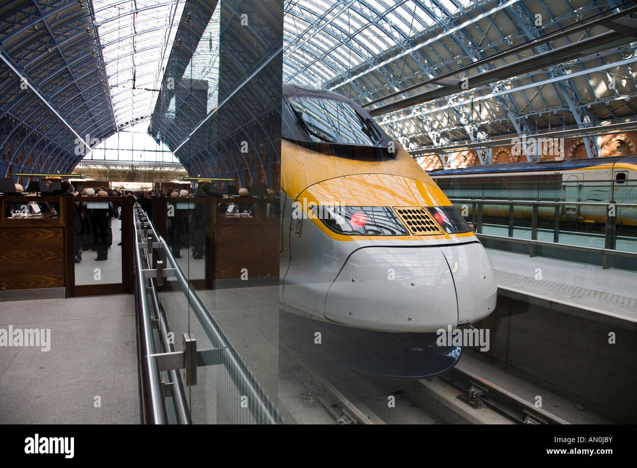 Two Eurostar trains wait side by side at the recently refurbished St ...