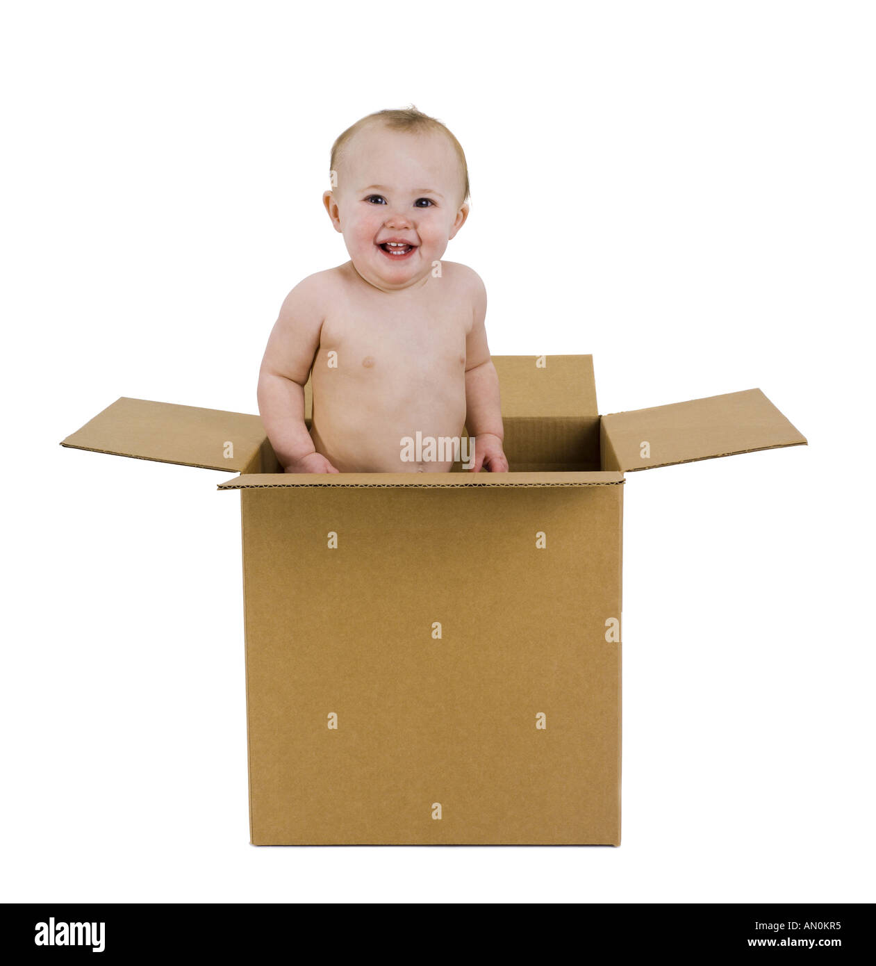 Portrait of a baby girl standing in a cardboard box Stock Photo - Alamy