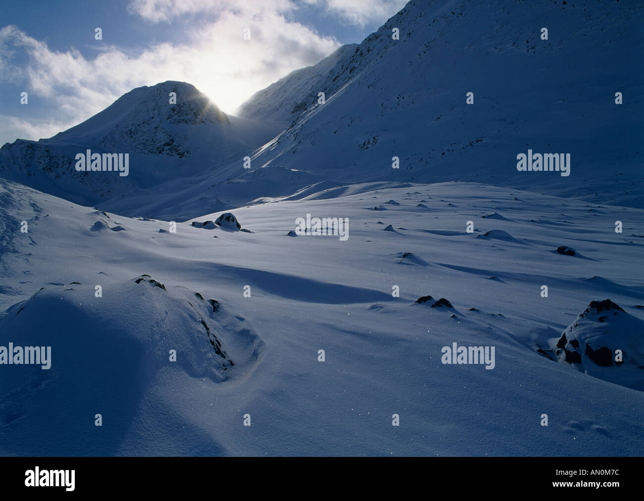 USA Alaska Chugach National Forest Winter sun lights snow in Chugach ...