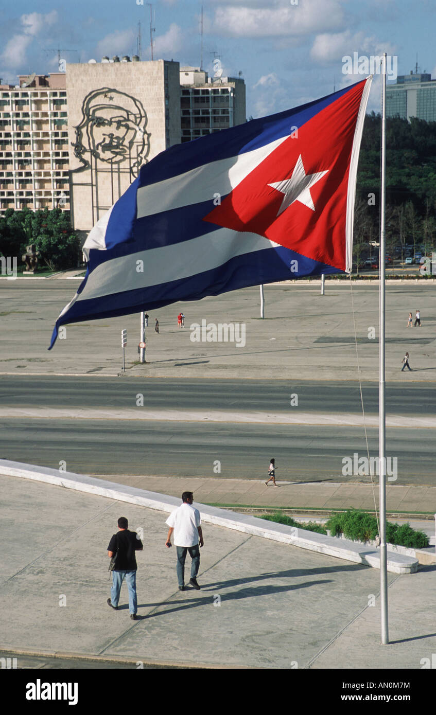 View of Revolution Square, Havana, Cuba, with Cuban flag and portrait ...