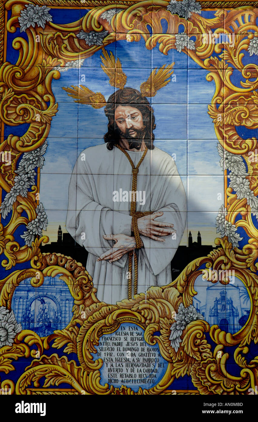 An azulejo ceramic tilework depicting Jesus Christ adorns a building ...
