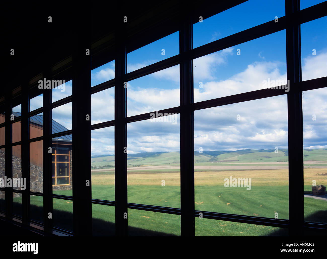 USA Oregon Pendleton Windows looking out on panorama of Blue Mountains ...
