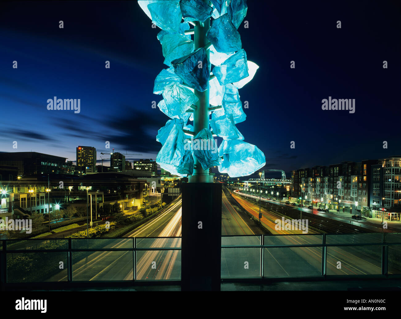 USA Washington Tacoma Floodlit blue glass art on Chihuly Bridge of ...