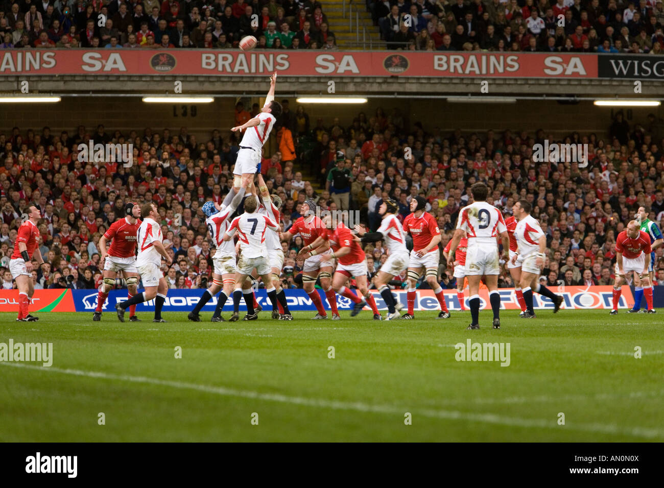 Fighting for possession in a lineout during the Wales England rugby ...