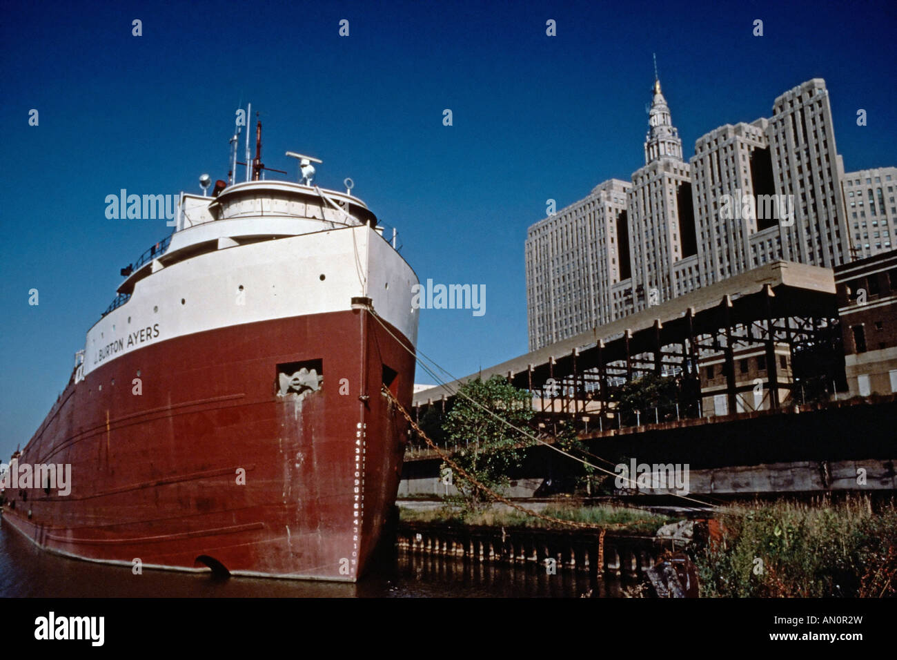 Ship moored in the Cuyahoga River near the Terminal Tower in Cleveland ...