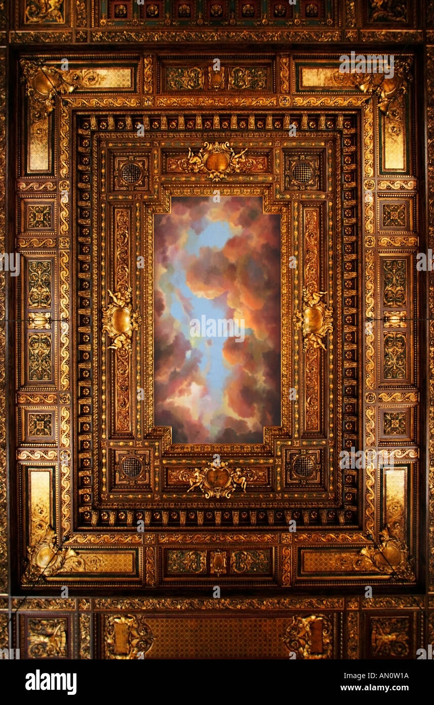 golden vaulted ceiling with fresco in the New York City Public Library ...