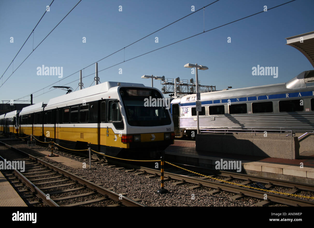 Dallas light rail and TRE train at Union Station Texas October 2007 ...