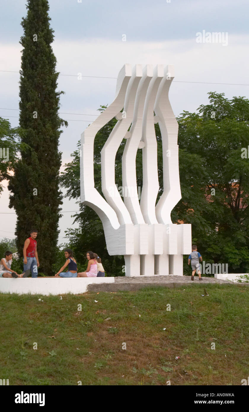 A modern white stone statue in Podgorica with a strange abstract shape ...