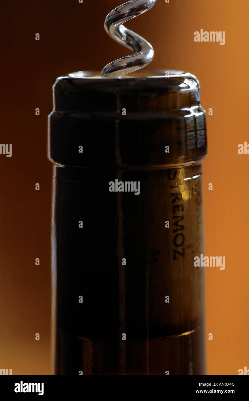 Close up top view of a Wine Bottle Corkscrew spiked on a cork stopper ...