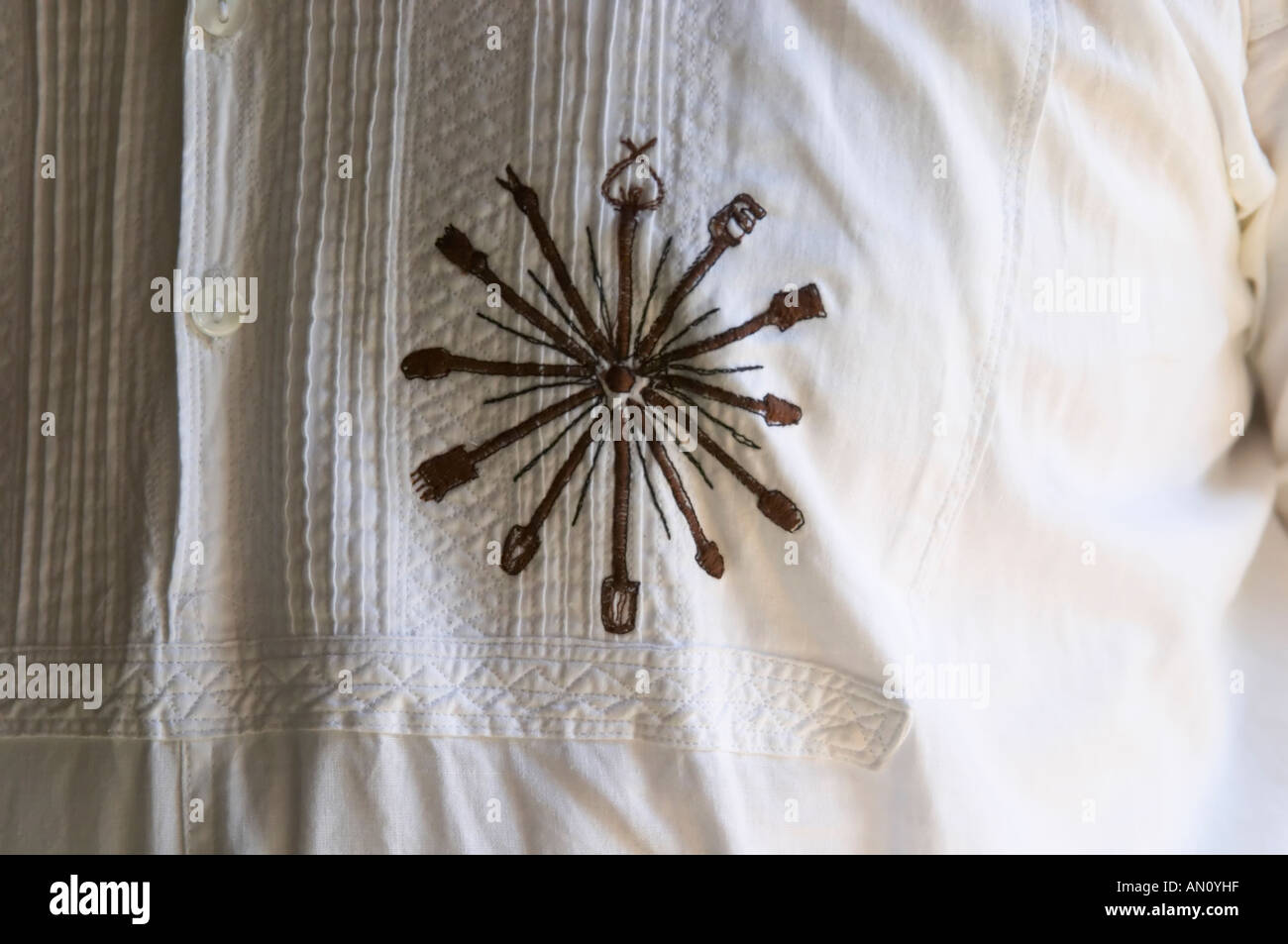Detail of man's shirt in traditional Albanian style with the symbol of ...