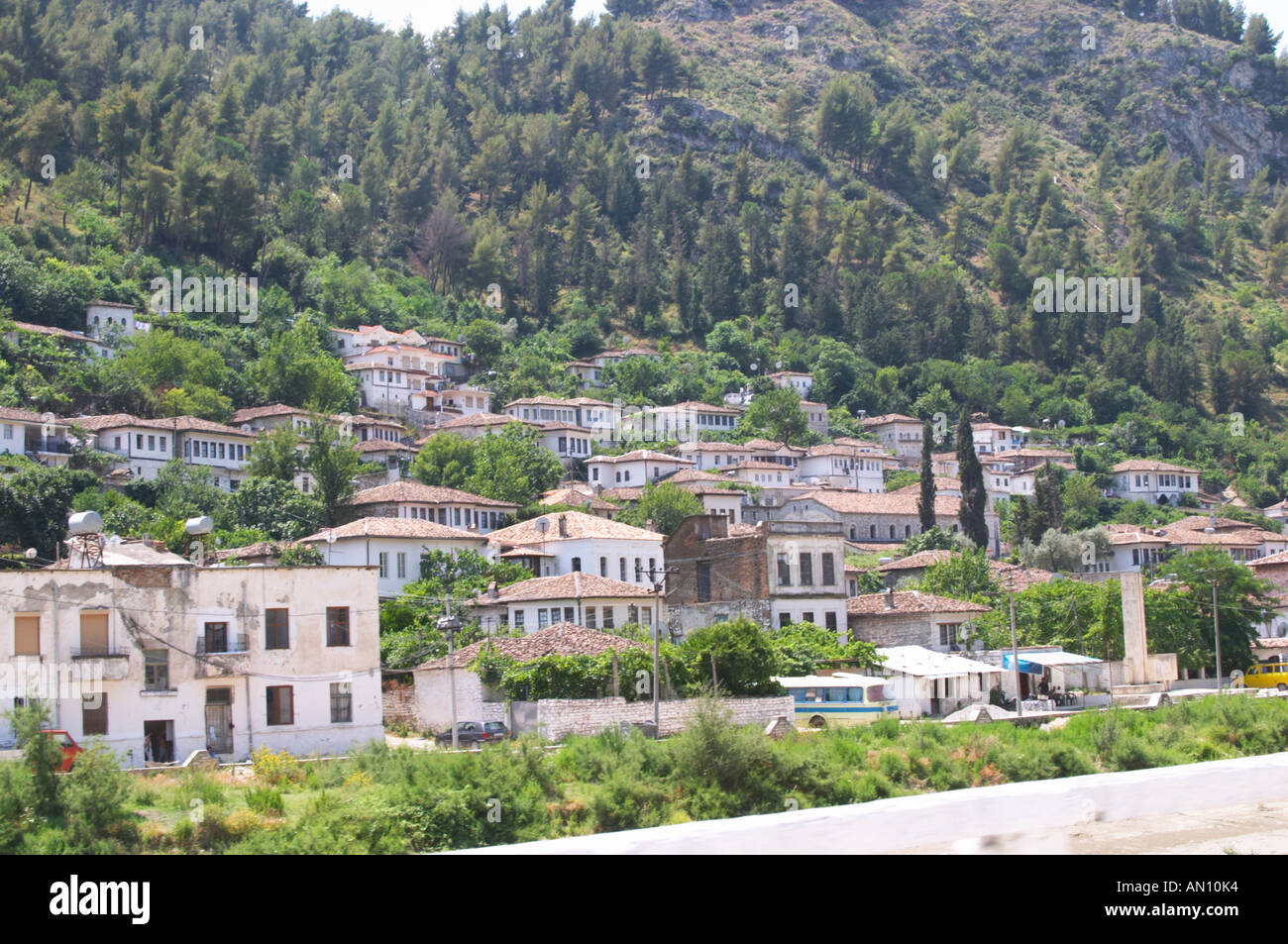 the lower part of the village with modern houses. Berat lower town ...