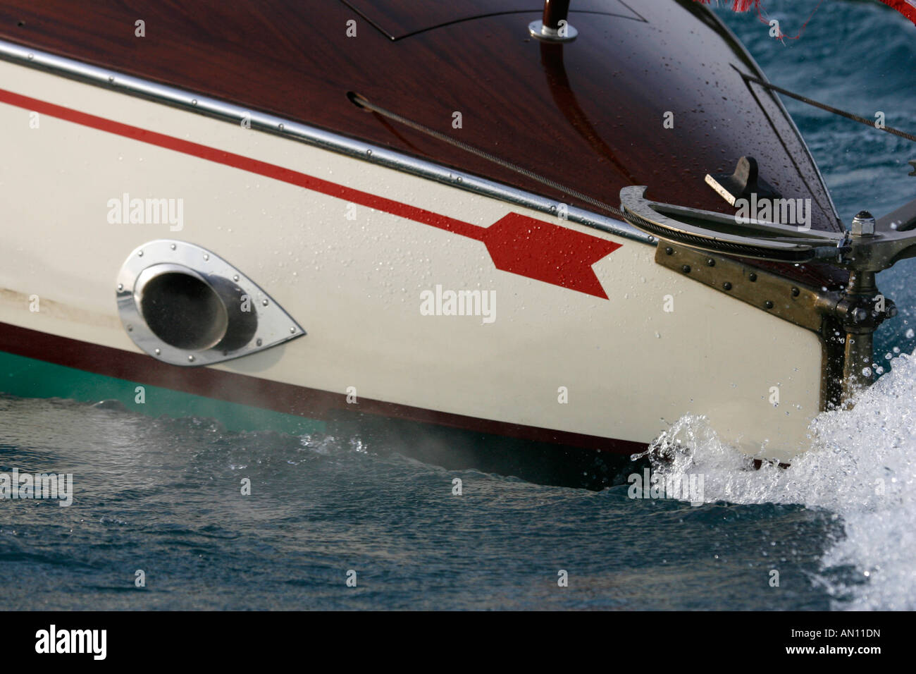 Close up of the stern of an antique wooden race boat Stock Photo - Alamy