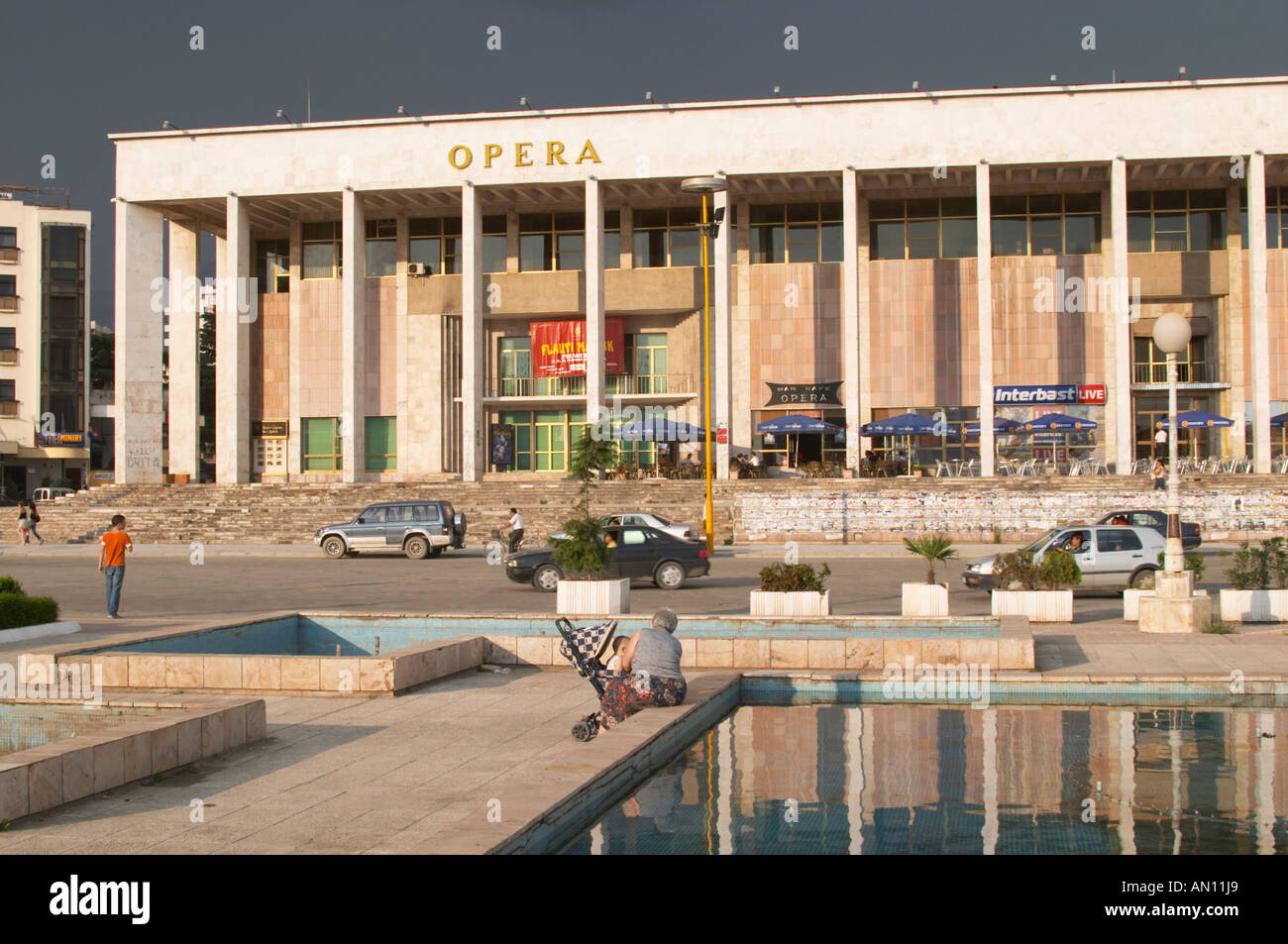 The opera house and fountain. The Tirana Main Central Square ...
