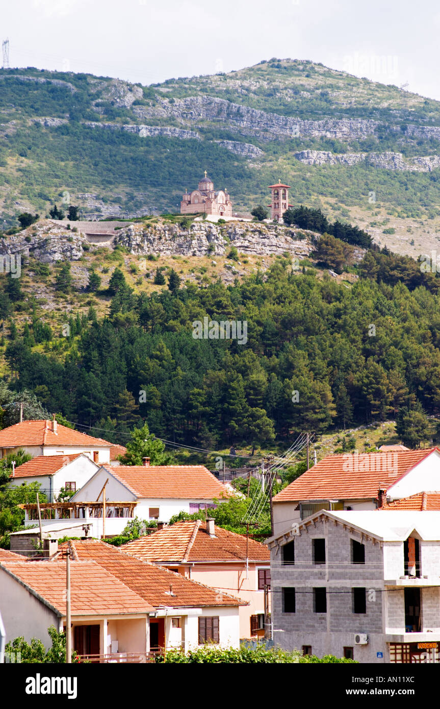 Street scene in Trebinje, the monastery Gracanica on the historic hill ...