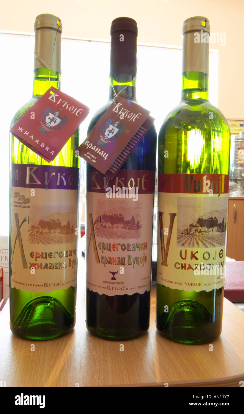 Bottles of wine: left to right: Zilavka, Vranac and Chardonnay grape ...