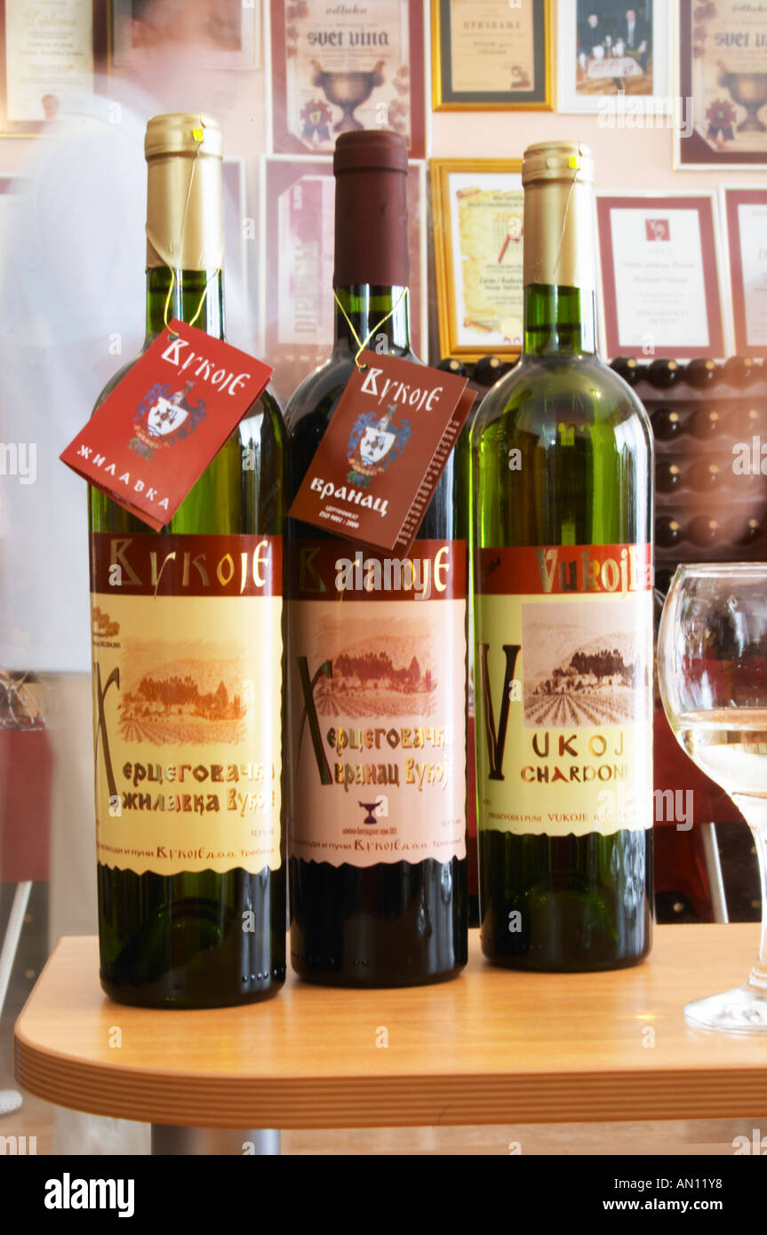 Bottles of wine: left to right: Zilavka, Vranac and Chardonnay grape ...