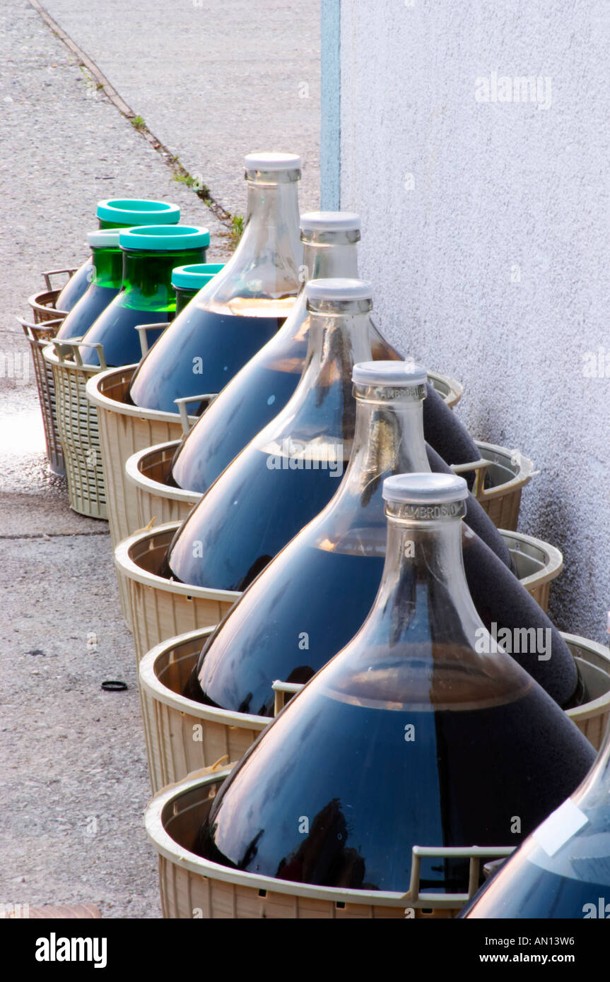Line of demijohns with wine standing outside the winery exposed to the ...