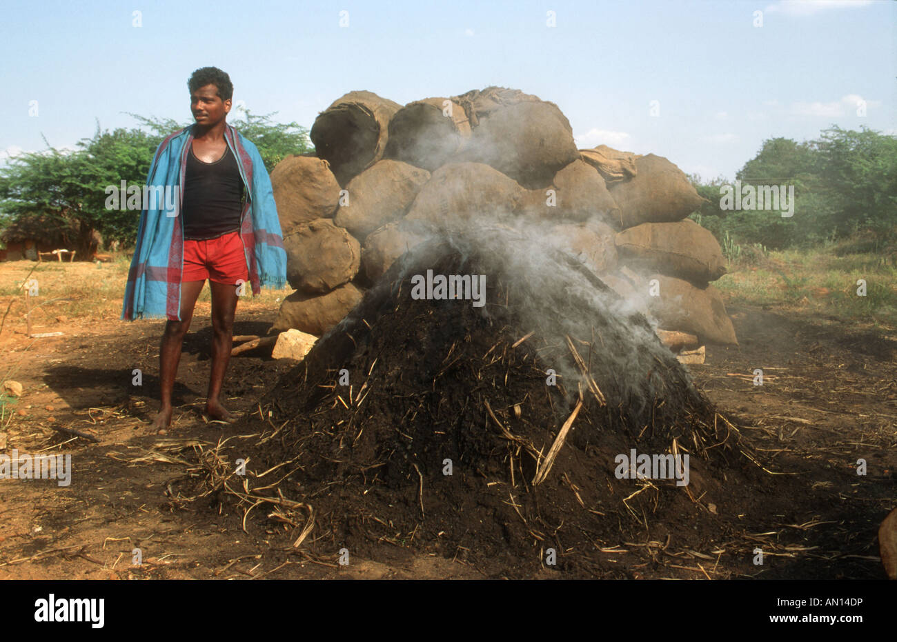 Man with smouldering fire making charcoal. India Stock Photo - Alamy
