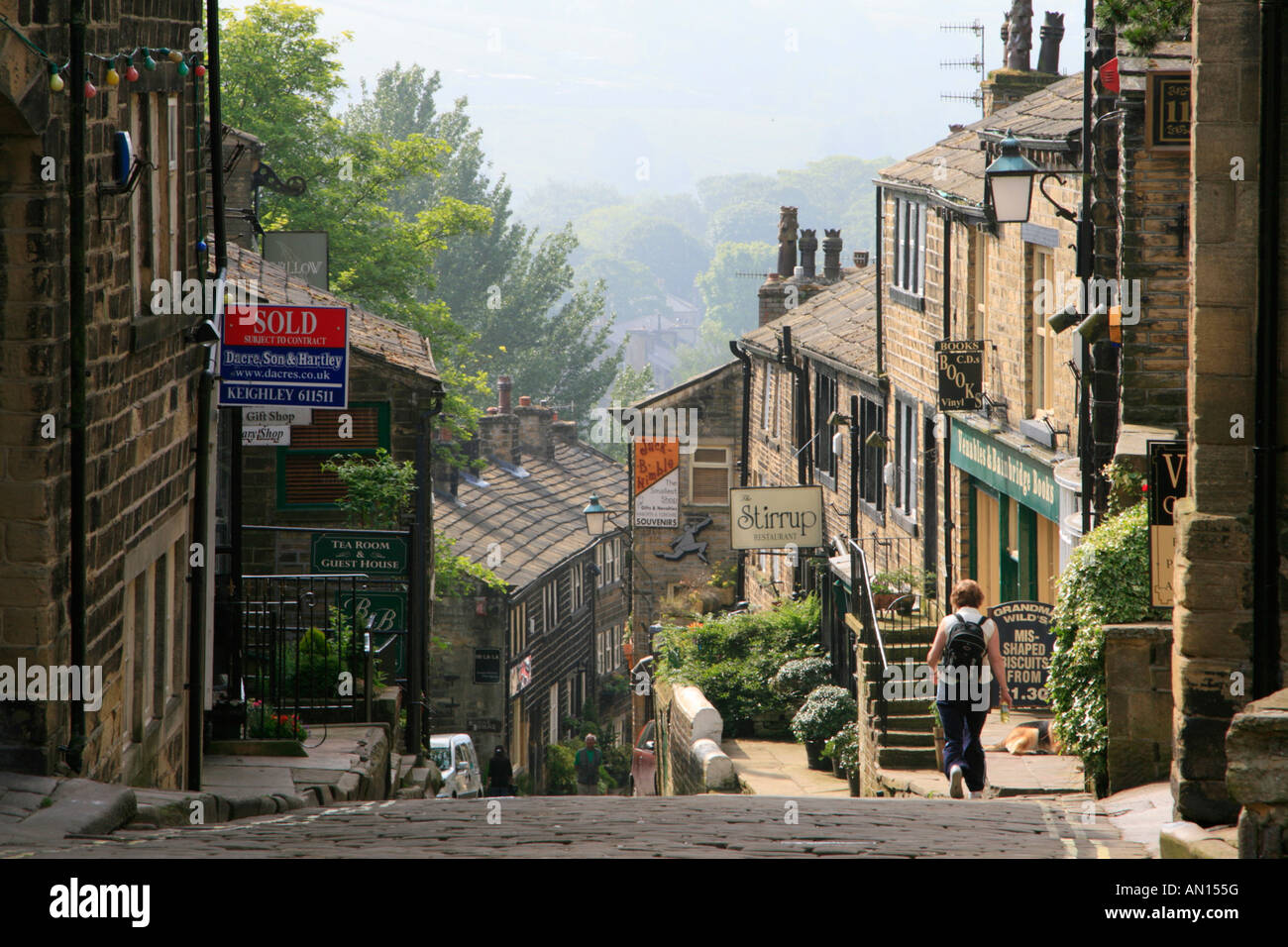 haworth cobbled streets yorkshire Bronte Country england uk gb Stock ...