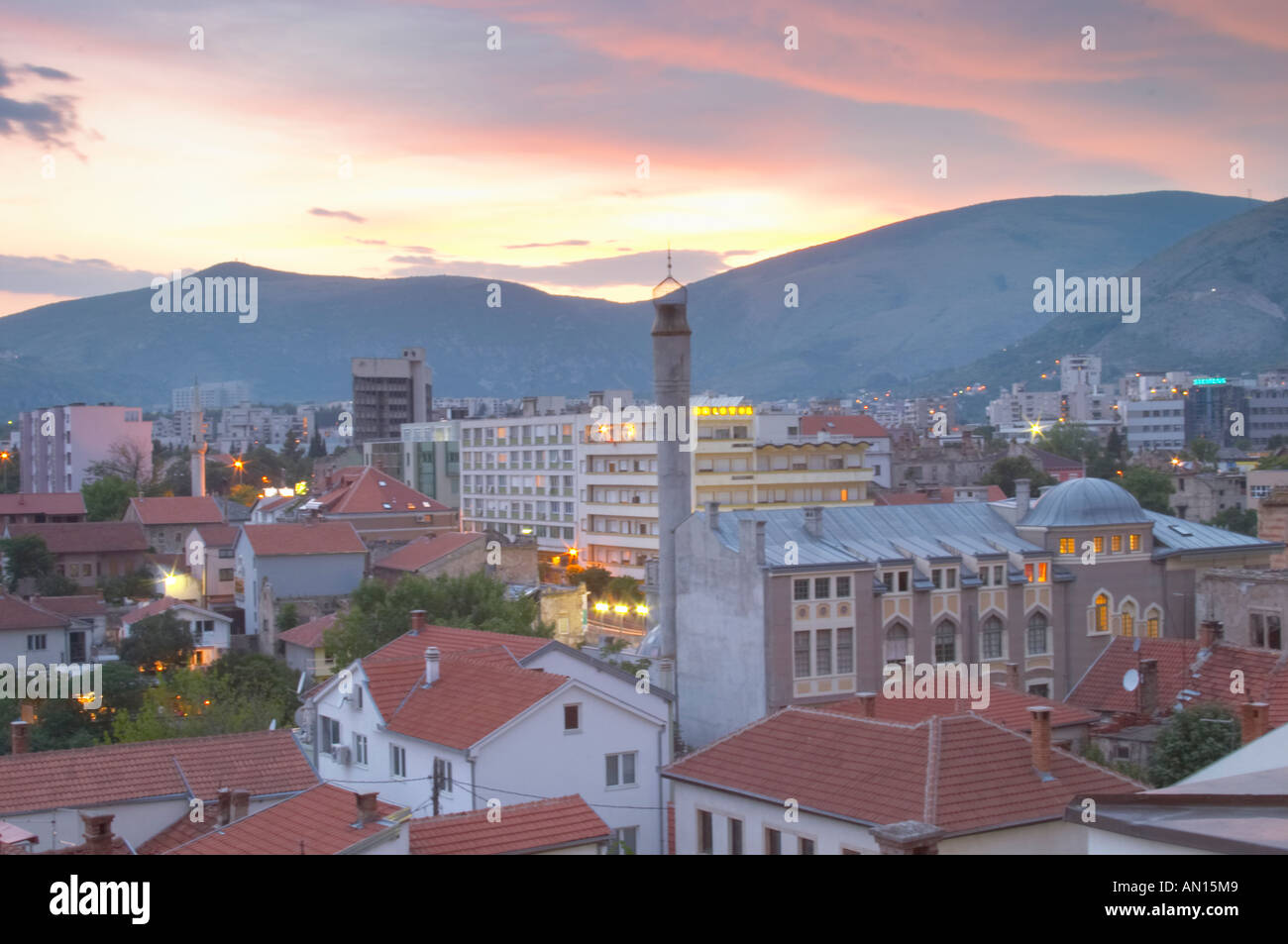 View over the city at sunset. Historic town of Mostar. Federation Bosne ...