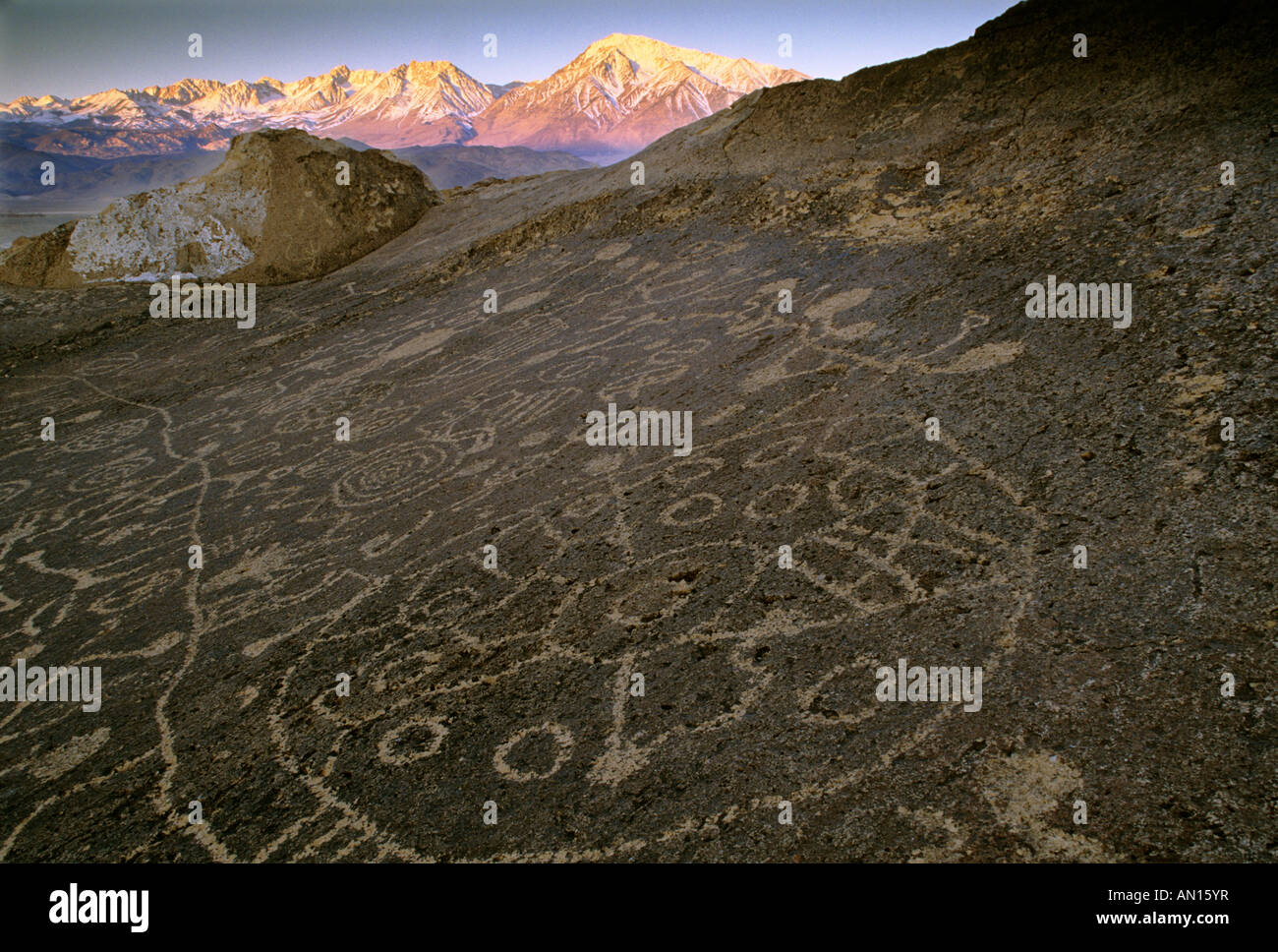USA, Nevada. Circular petroglyphs at the edge of the Great Basin, with ...