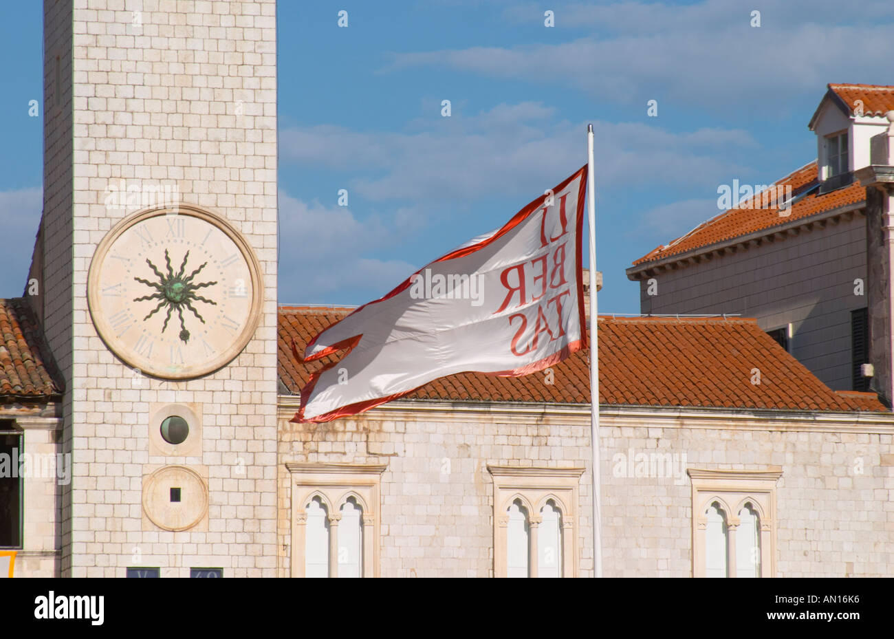 The Clock tower and loggia loge Luza on the central square. Detail of ...