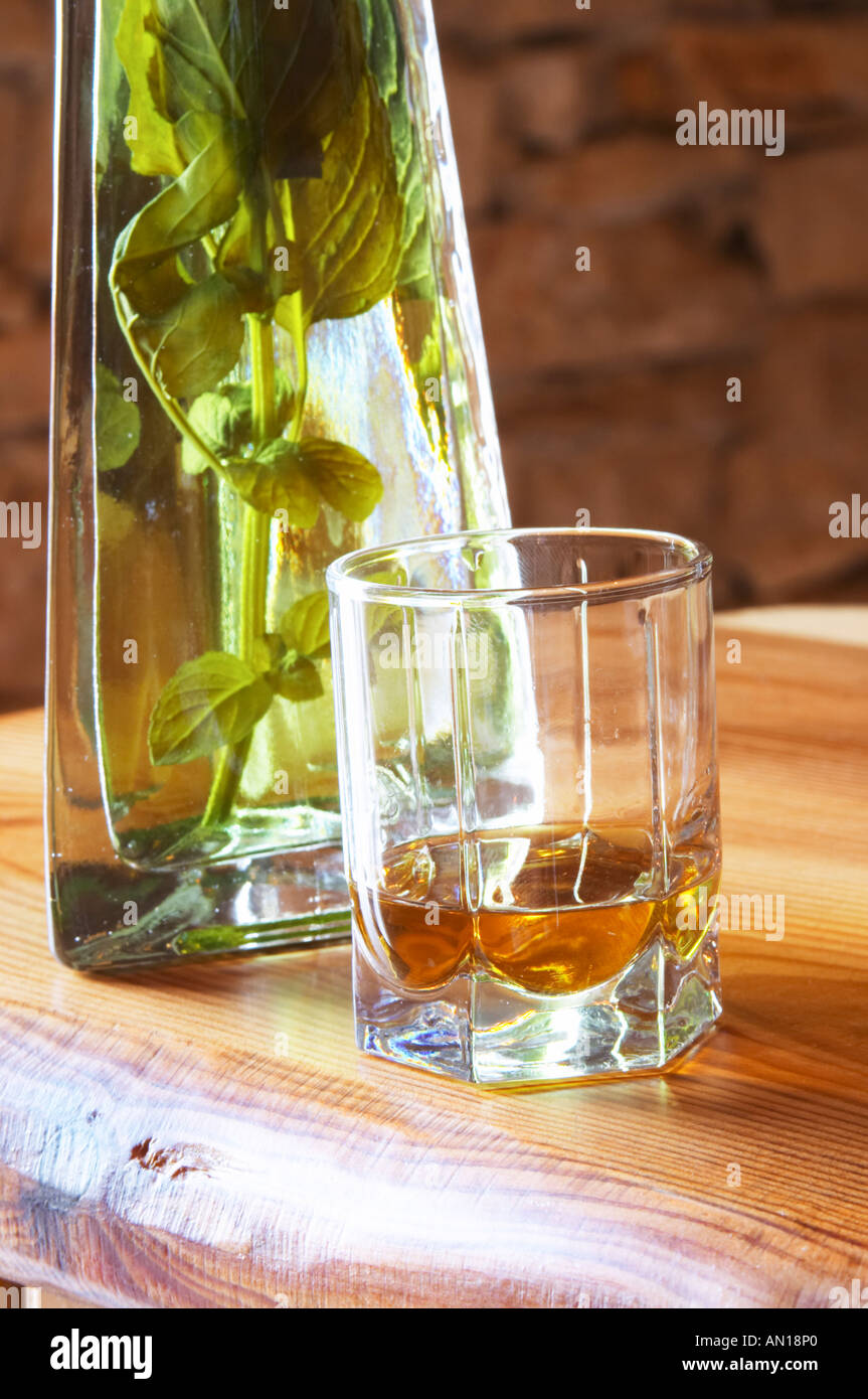 Rakija grappa type spirit flavoured with herbs backlit, Travarica ...