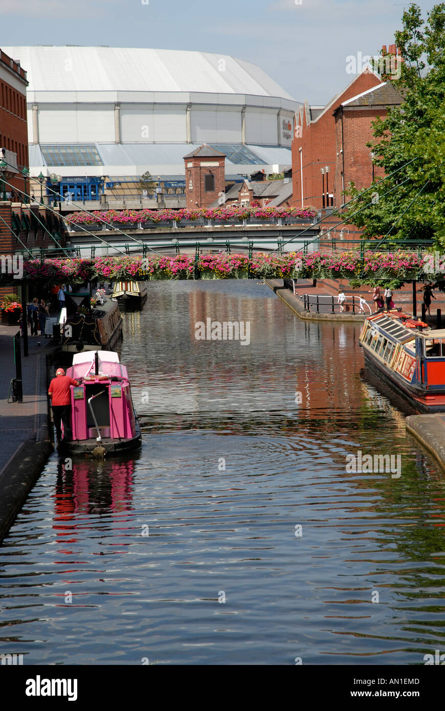 National Indoor Arena and pink narrowboat canal, Birmingham Stock Photo ...