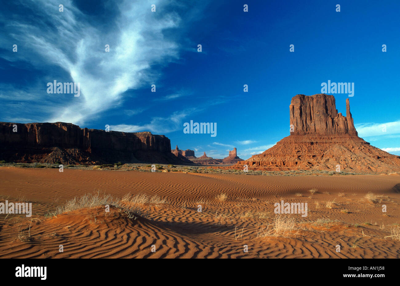Mitten Butte and rippled dunes, USA, Utah, Monument Valley Stock Photo ...
