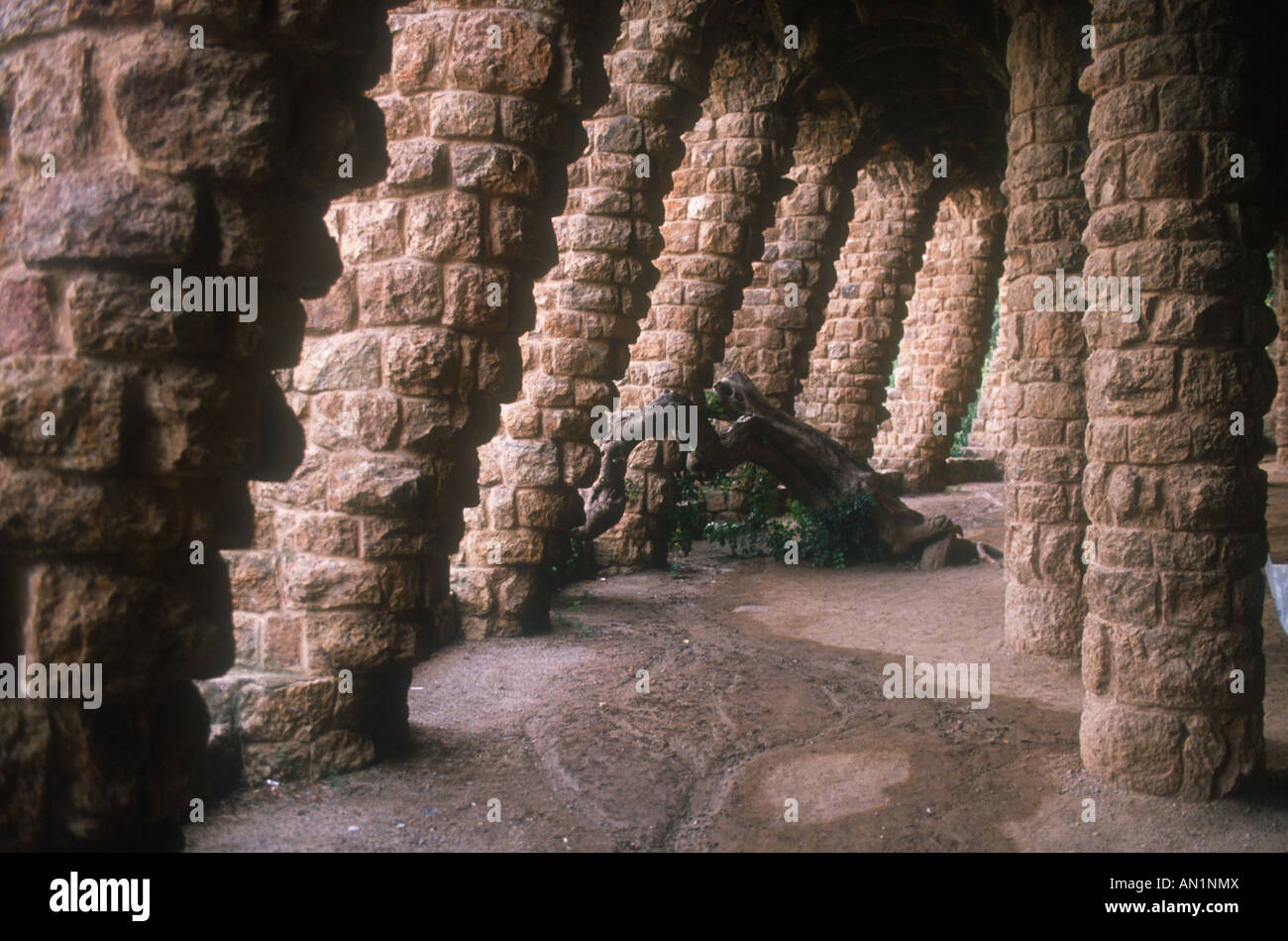 Parc Guell, Barcelona, Catalunya, with stone columns designed by Gaudi ...