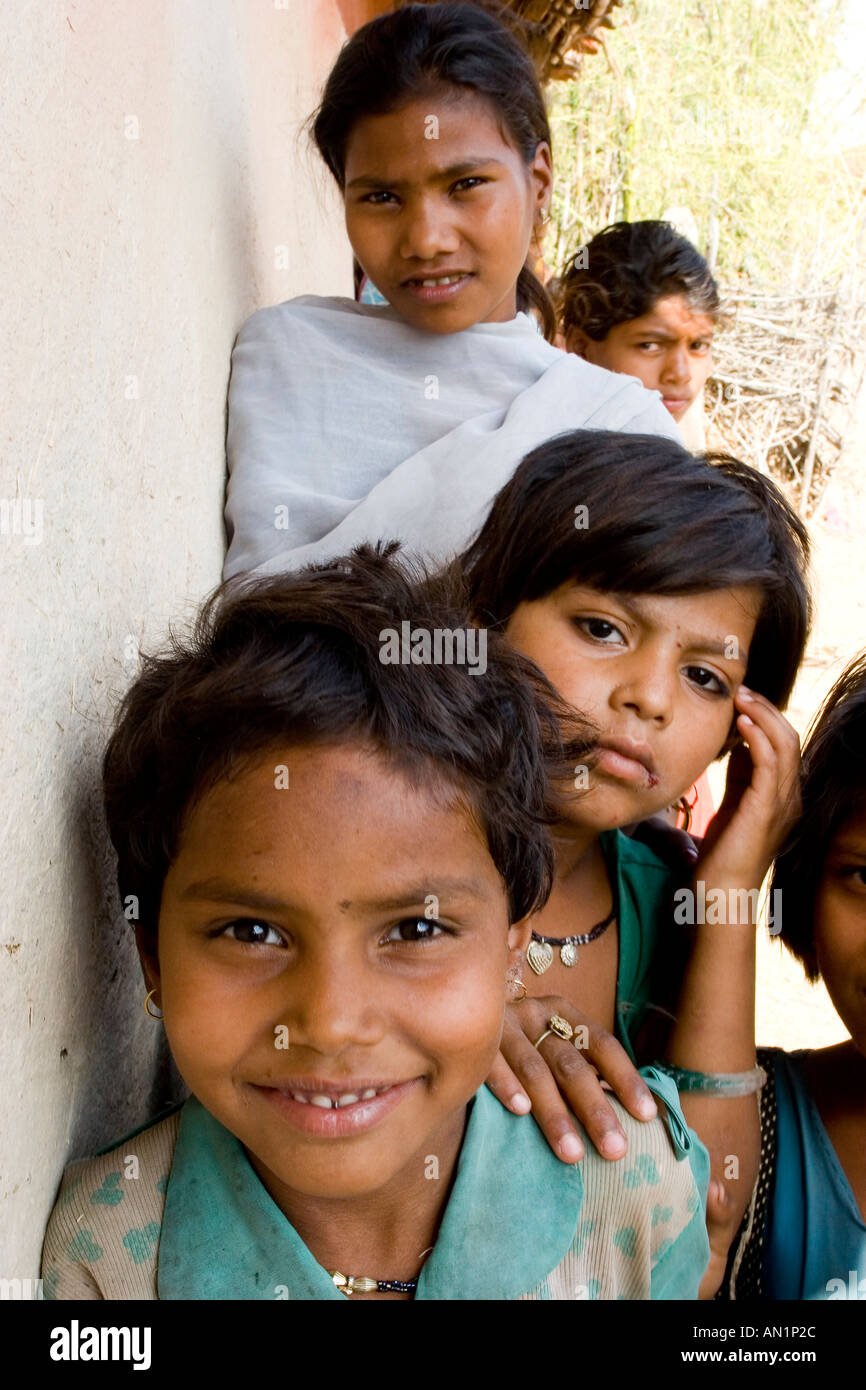 Indian children, standing one after another, India, Madhya Pradesh ...
