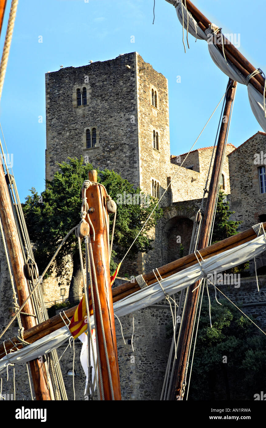 Catalan boat in the bay of Collioure, pyrenees orientales, france Stock ...