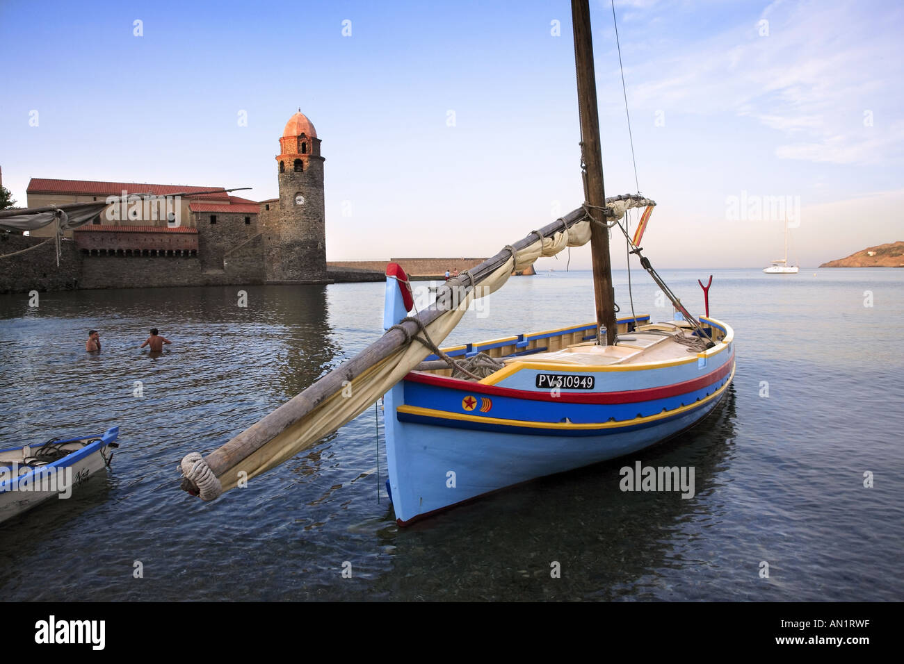 Catalan boat in the bay of Collioure, pyrenees orientales, france Stock ...
