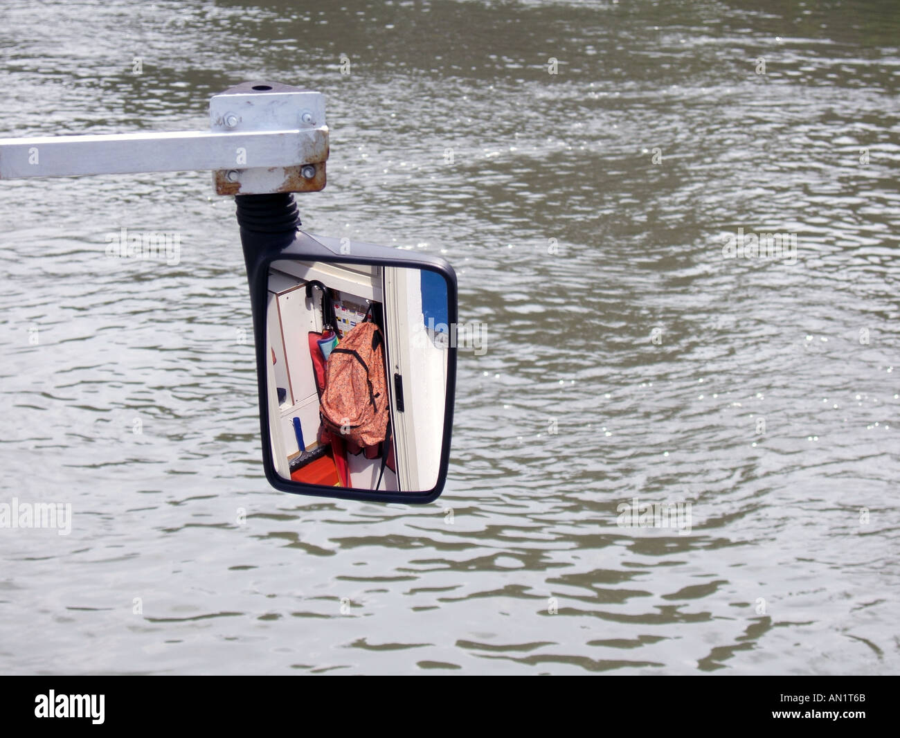 wing mirror showing rucksack on river boat Stock Photo - Alamy