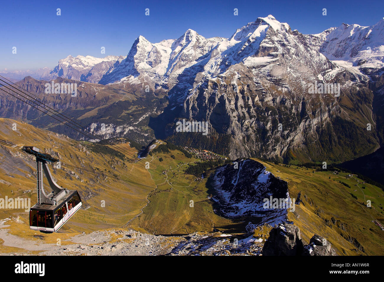 Look from Schilthorn with ropeway train Bahn to Eiger l Moench M ...