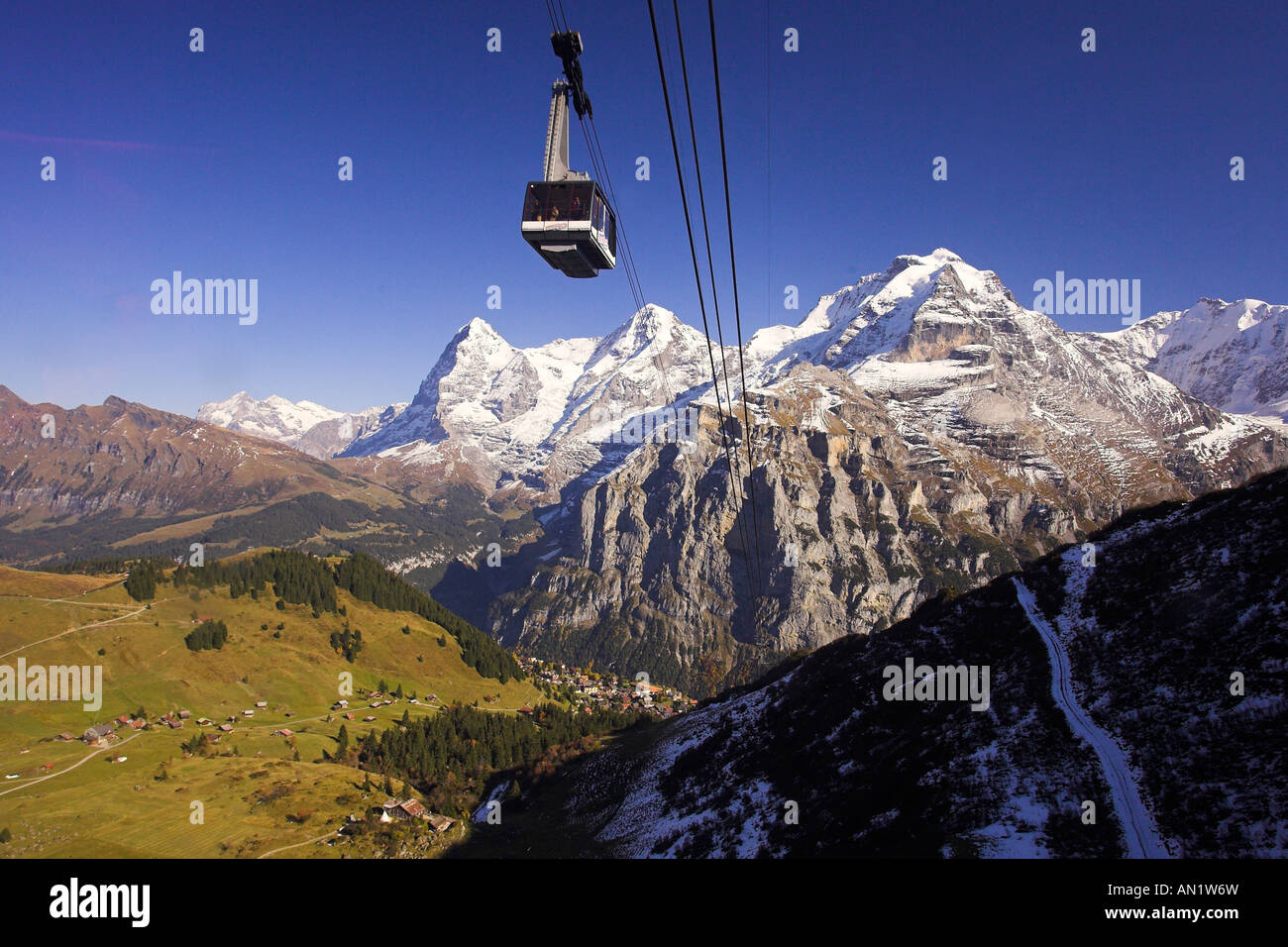 Look from Schilthorn with ropeway train Bahn to Eiger l Moench M ...