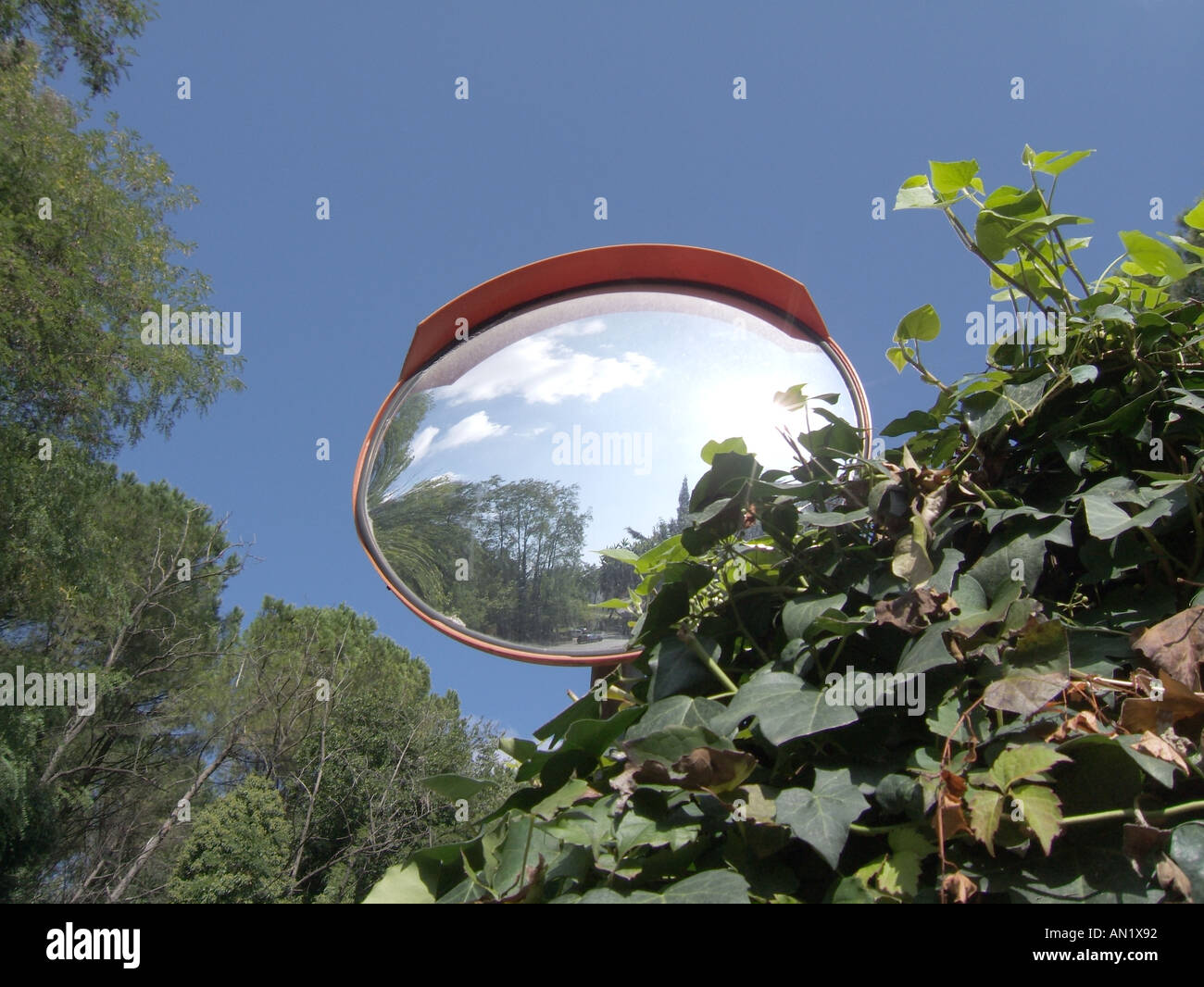 road safety circular mirror and countryside Stock Photo - Alamy