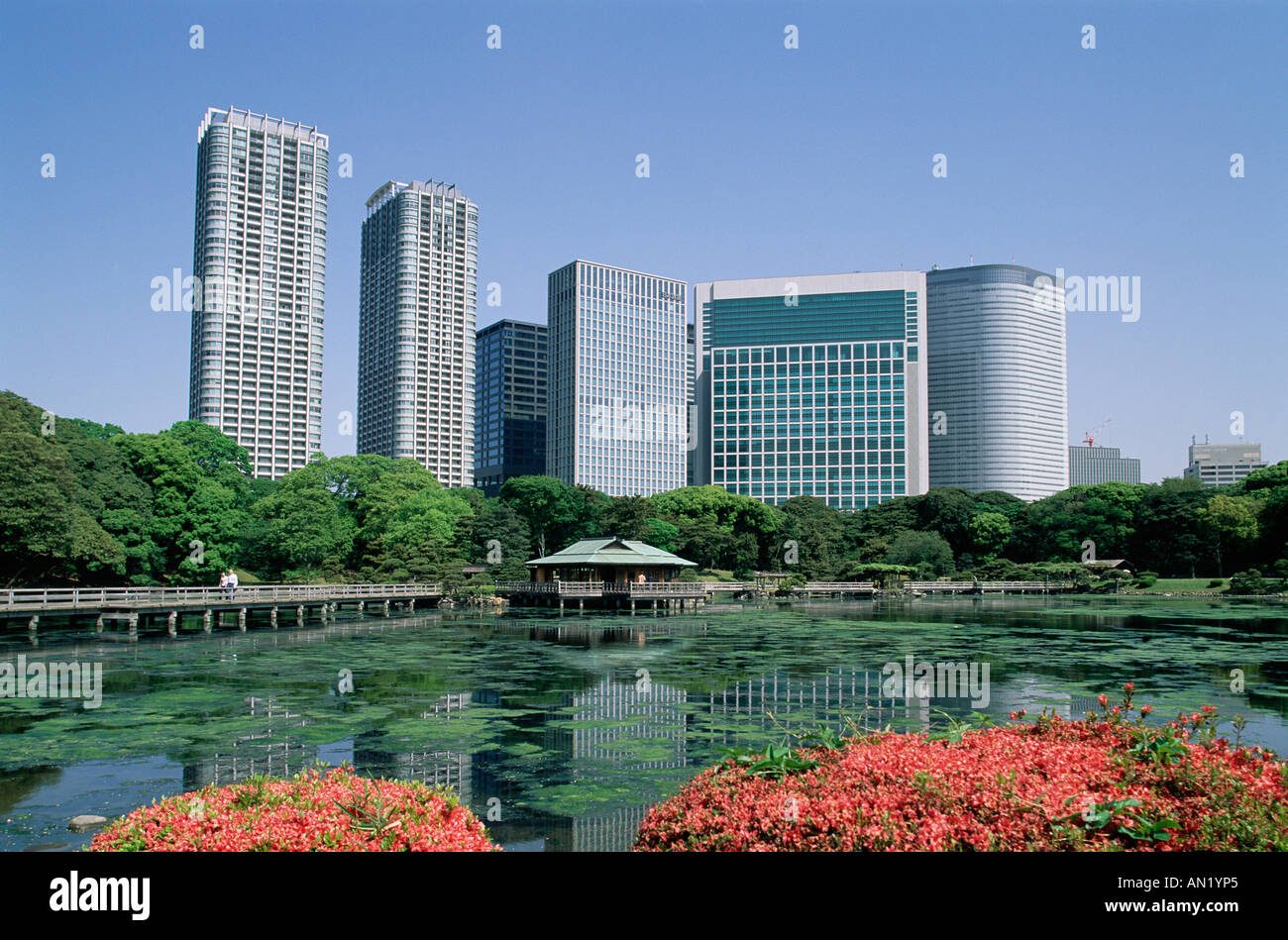 Japan, Tokyo, Hama Rikyu Japanese Garden and Shiodome Area Skyline ...