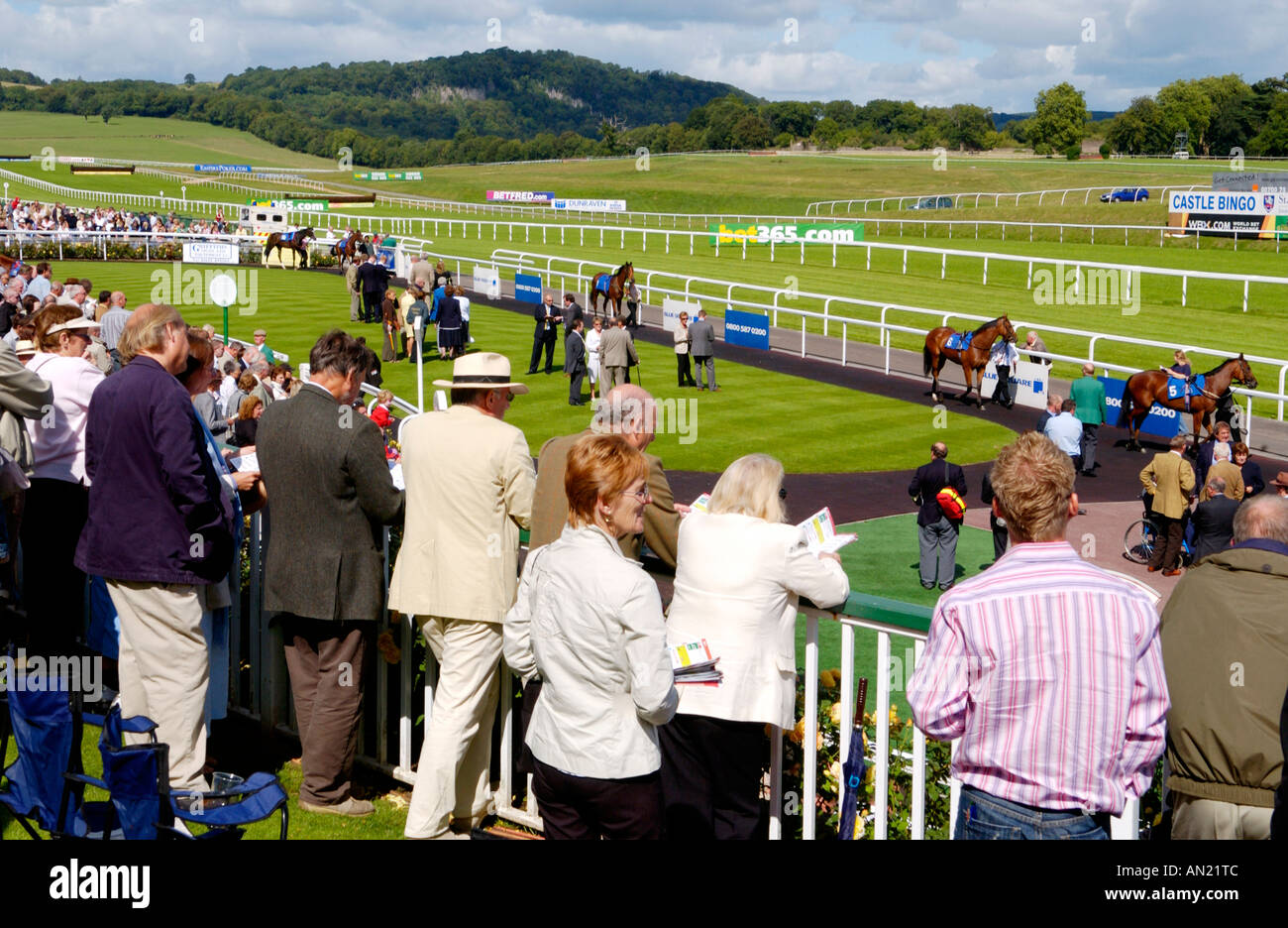Parade ring with jockeys owners and trainers at Chepstow Racecourse ...