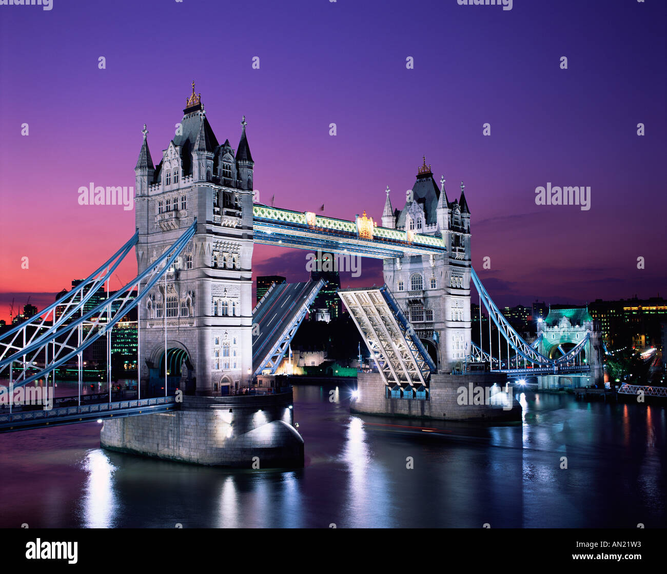 England, London, Tower Bridge, Night View of Bridge Lift Stock Photo ...