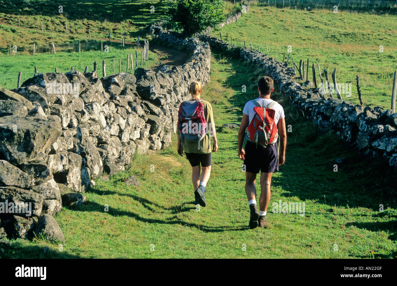 Couple backpacking rear view Stock Photo - Alamy