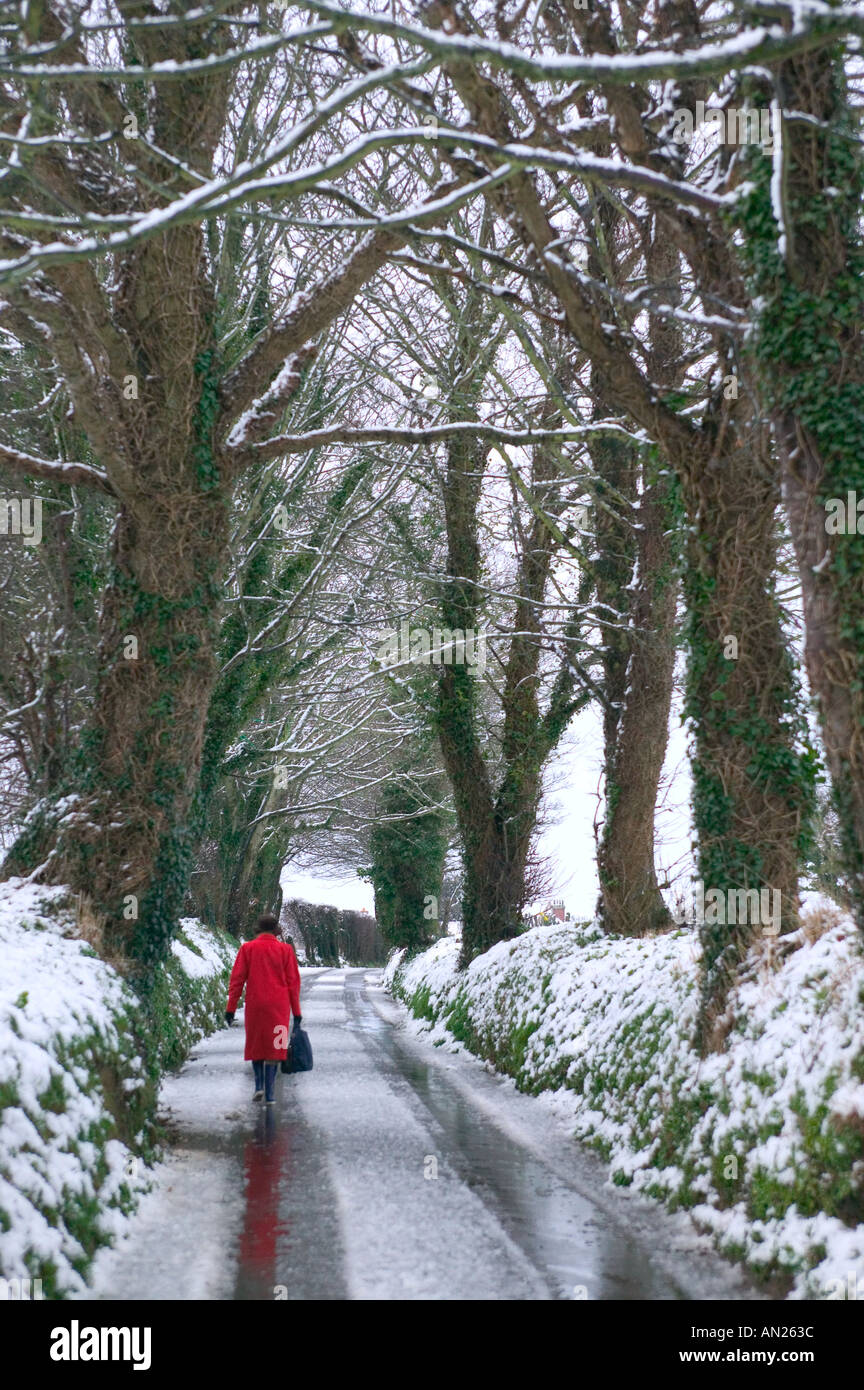 Lady walking down snow covered lane Stock Photo - Alamy