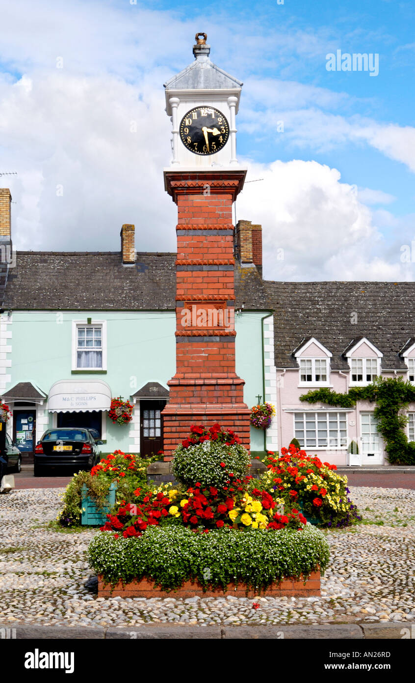 Floral display around Victorian clock in Usk town square the town ...