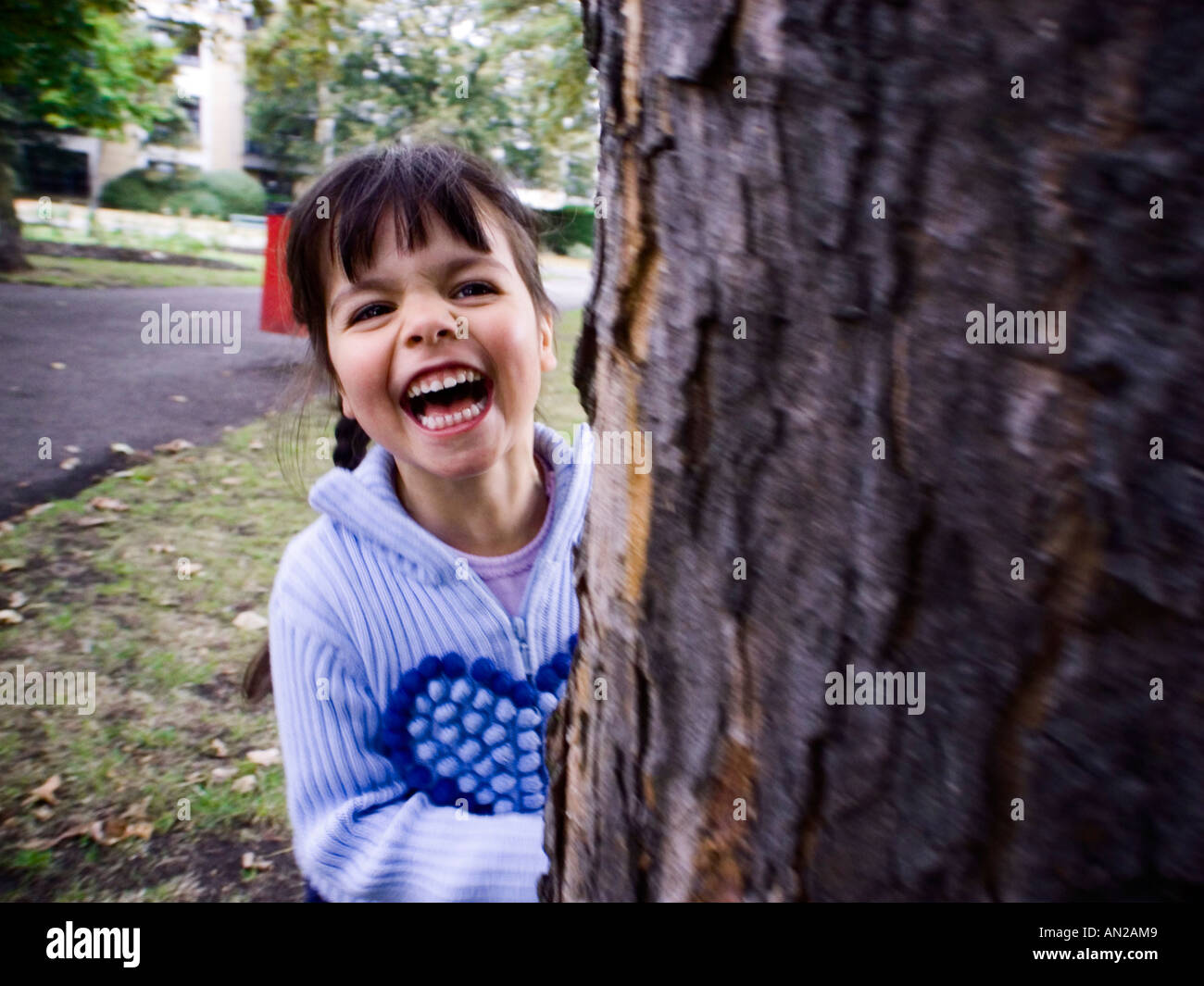 child hiding behind a tree-playing hide and seek,Richmond Park,Surrey ...