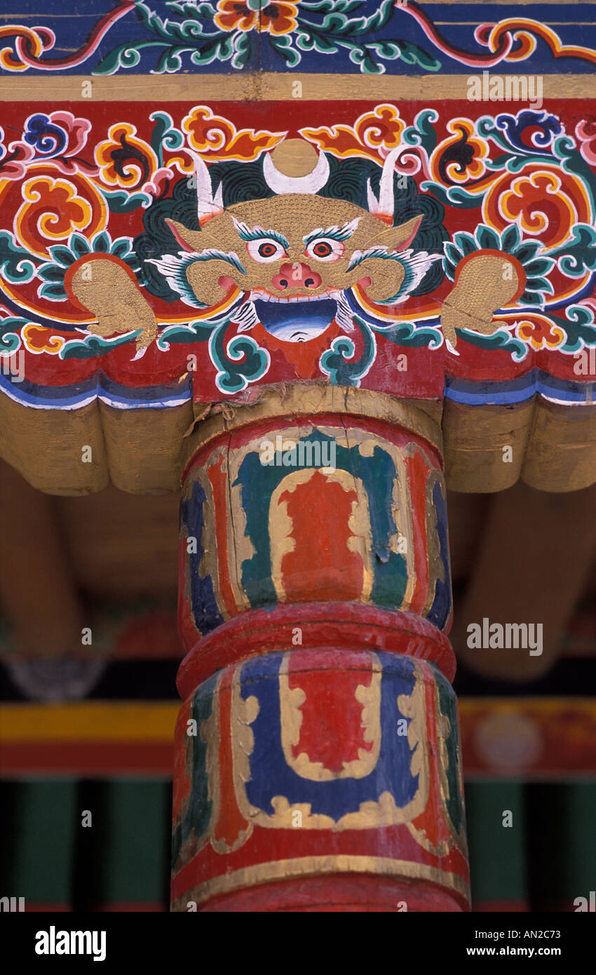 Ornately painted and carved pillar Hemis Gompa monastery Ladakh ...