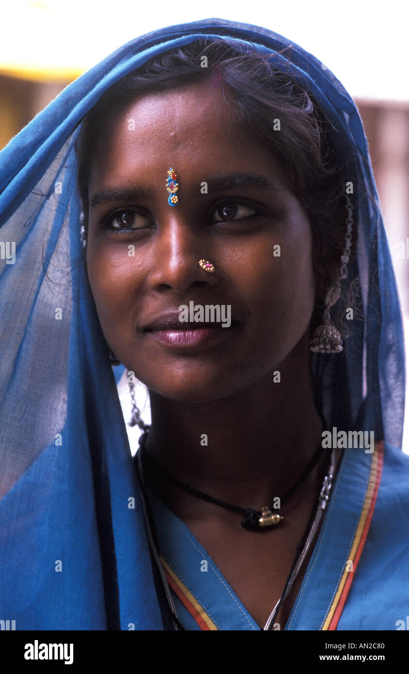 Friendly Hindu woman from Uttar Pradesh with blue headcloth India Stock ...